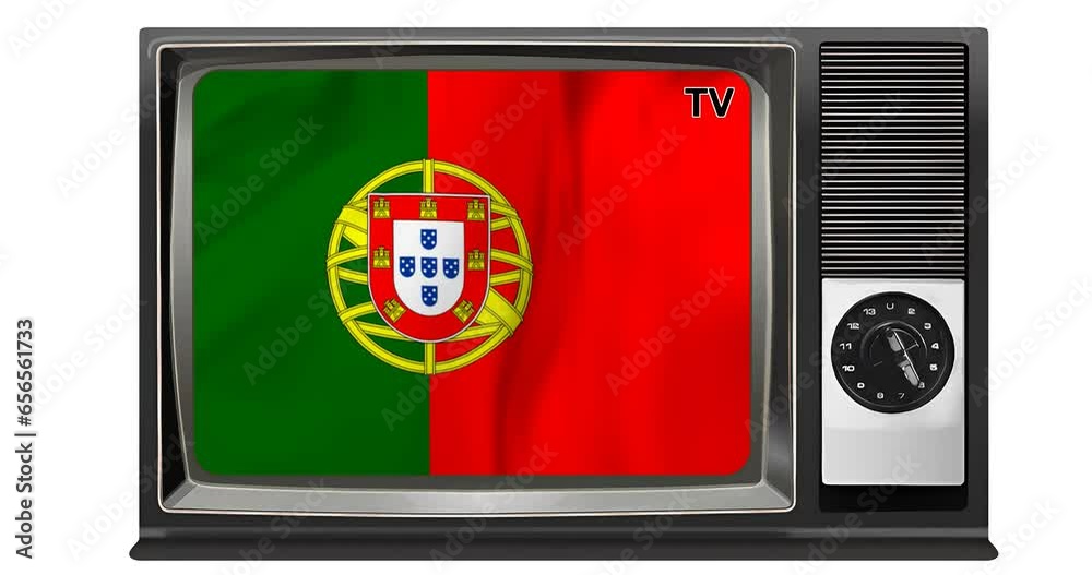 Waving flag of Portugal on the screen of an old TV set, isolated in ...
