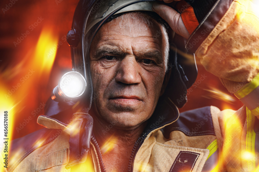 Portrait brave and strong Firefighter in burning building, house burn ...