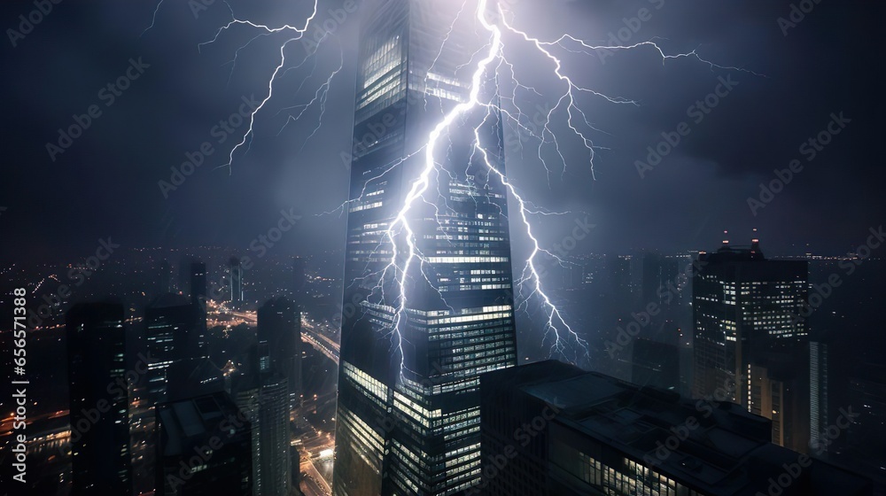 Dark cloudy sky with lightning over city. Stormy weather. A huge ...