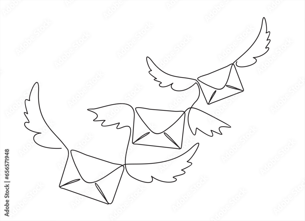 Flying envelopes in continuous line art drawing style. Letter with ...