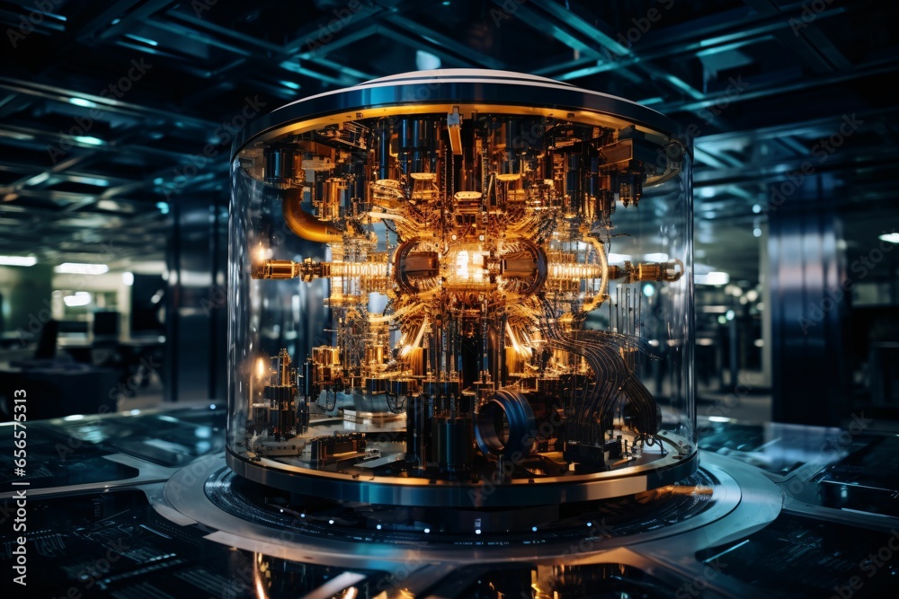 a quantum computer housed in a dimly lit lab, showcasing intricate qubit processors with visible ...