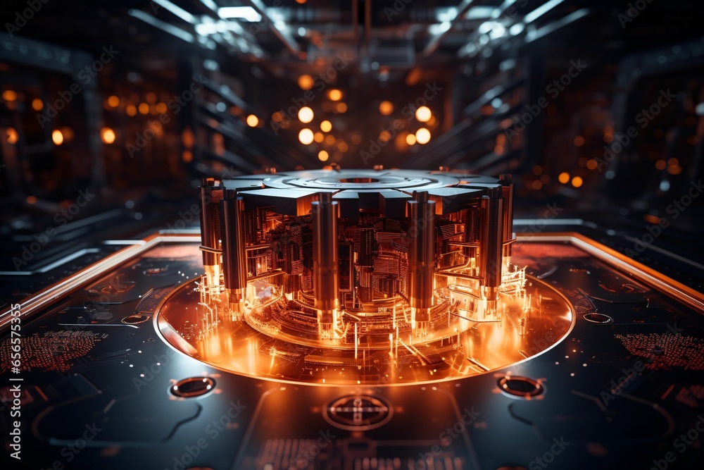 a quantum computer housed in a dimly lit lab, showcasing intricate qubit processors with visible ...