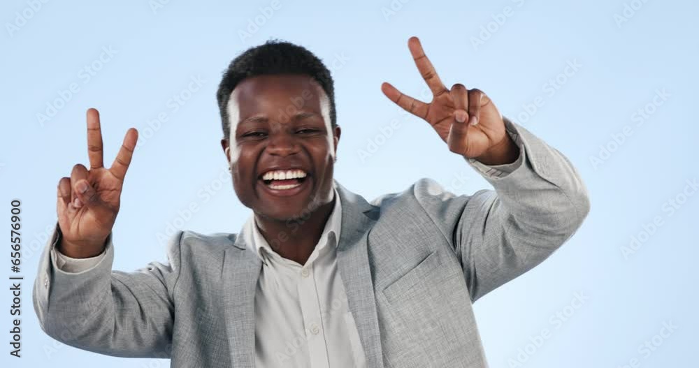 Happy black man, peace sign and winning in business success against a ...