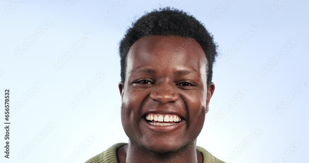 Thinking, solution and face of happy man in studio for wow, conclusion ...