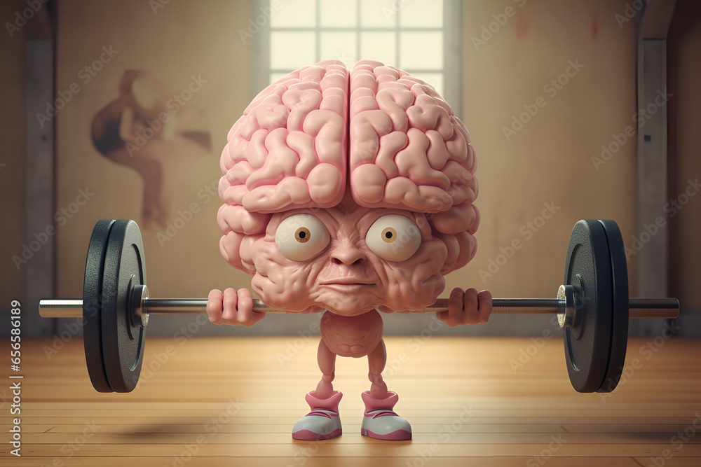 brain training, brain lifting weight like a body builder A cartoon ...