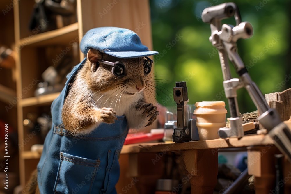 Amidst a workspace of petite woodworking tools and planks, a dedicated ...