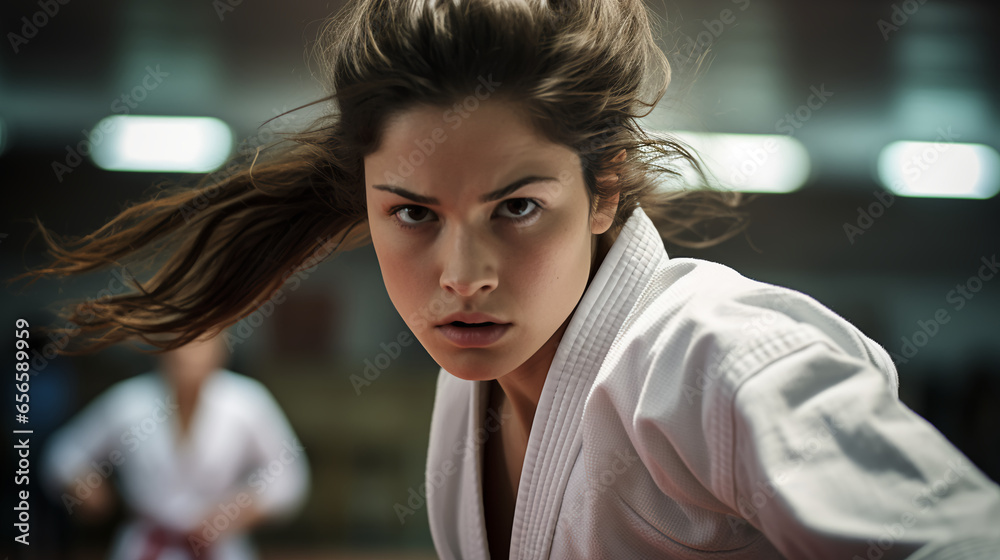 a female judoka engages in a match, her intense determination and ...