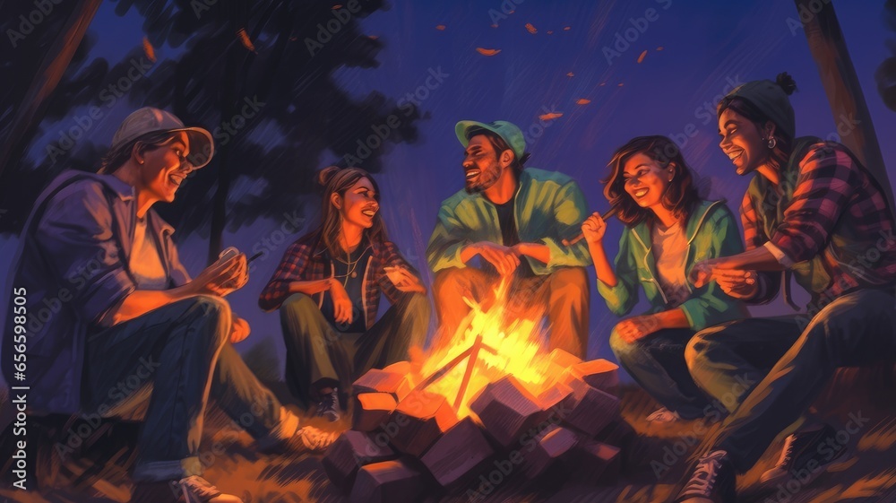 Visualize friends sharing laughter and conversation around a bonfire ...