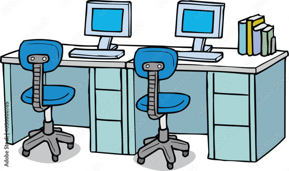 Computer desk workplace concept. Hand drawing of flat design cartoon ...