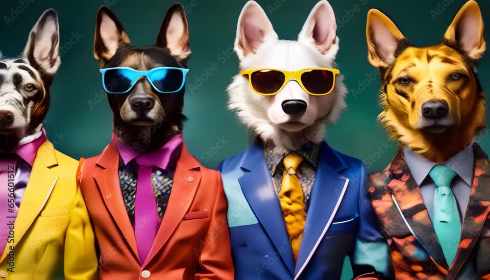Four dogs with multicolored fur in colored costumes. Anthropomorphism ...