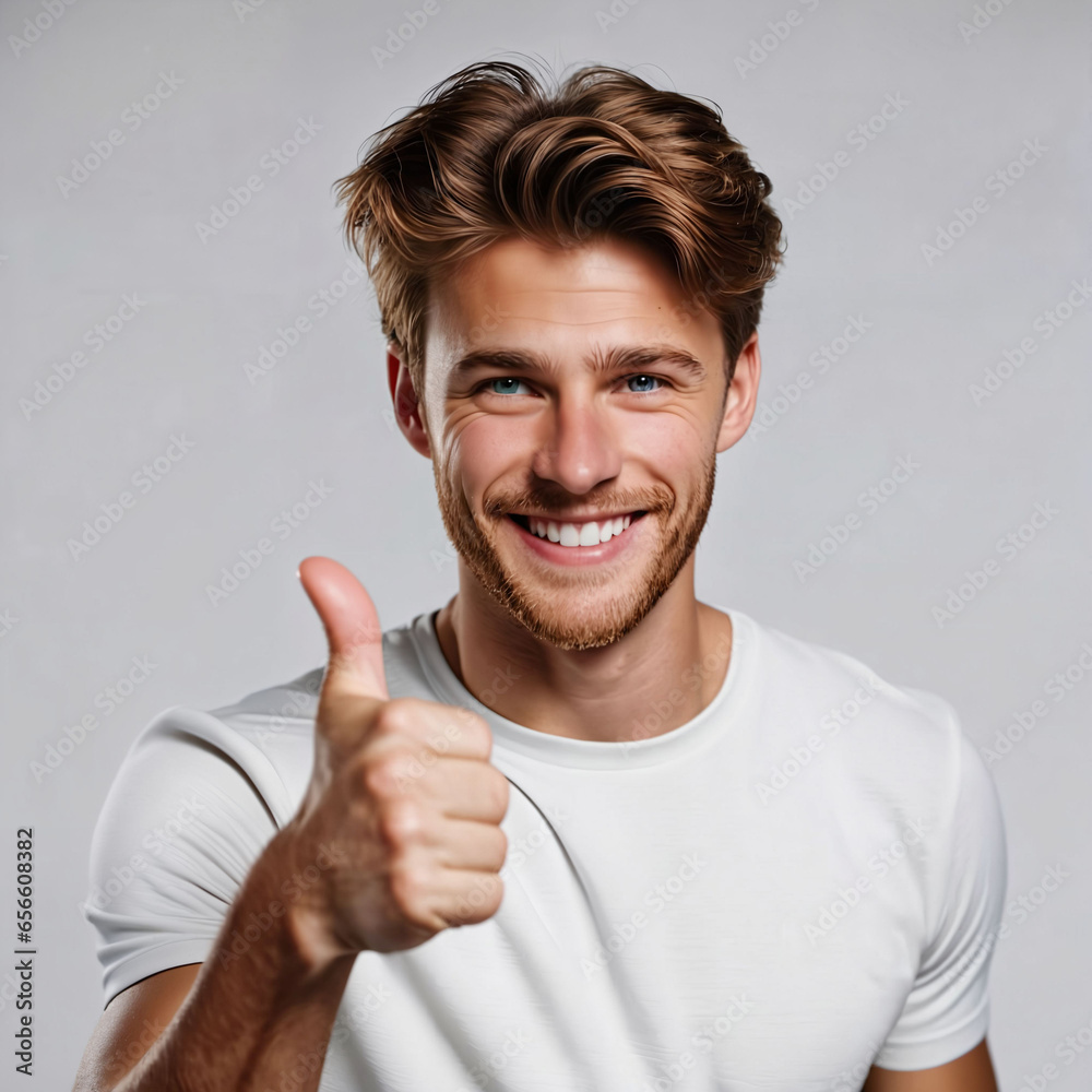 Photo of attractive young man giving thumbs up gesture of approval ...