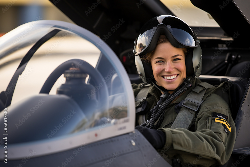 Poster Female pilot of a military aircraft poses with an airplane and ...