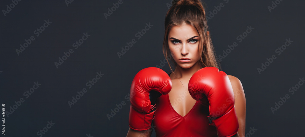 Confident sportswoman, boxer fighter wearing red boxing gloves ...