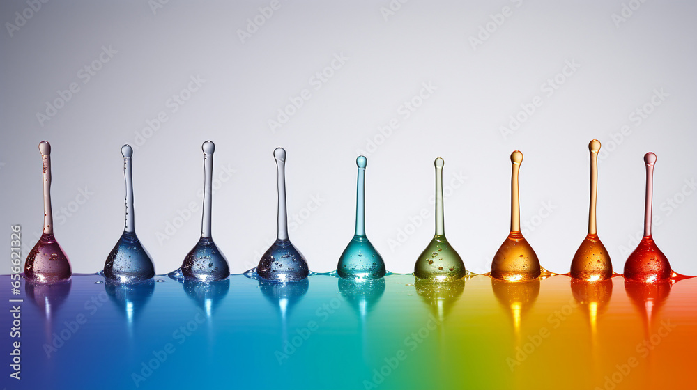 Colorful chemical water shapes on a white background with reflection ...