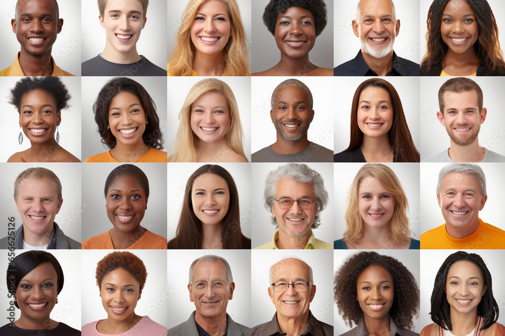 Collage of people, portraits of happy people, men and women of ...