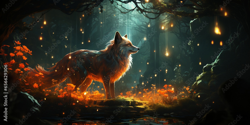 Orange fox in the forest, magical moment, sparkles in the eyes ...