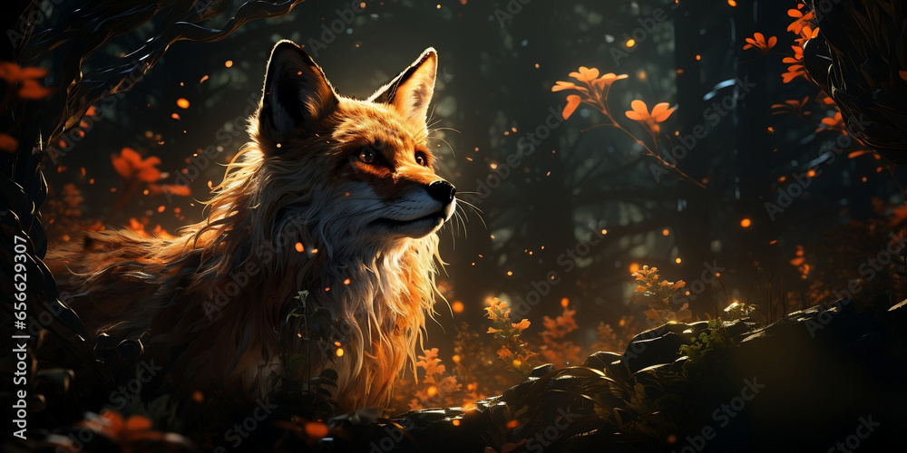 Orange fox in the forest, magical moment, sparkles in the eyes ...