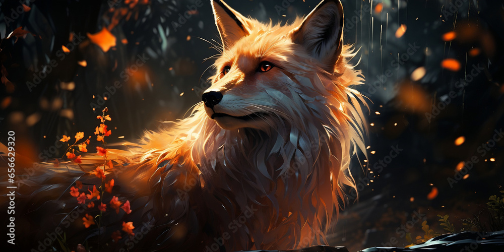 Orange fox in the forest, magical moment, sparkles in the eyes ...