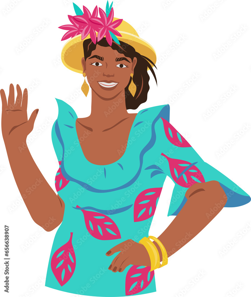 Beautiful cuban woman in fancy dress and straw hat, flat illustration ...