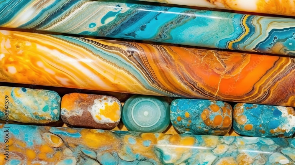 Samples of stones lay on top of each other in rows. Slices of polished ...