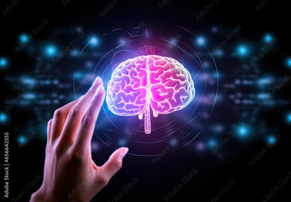 The concept of artificial intelligence. The hand presses the button. An ...