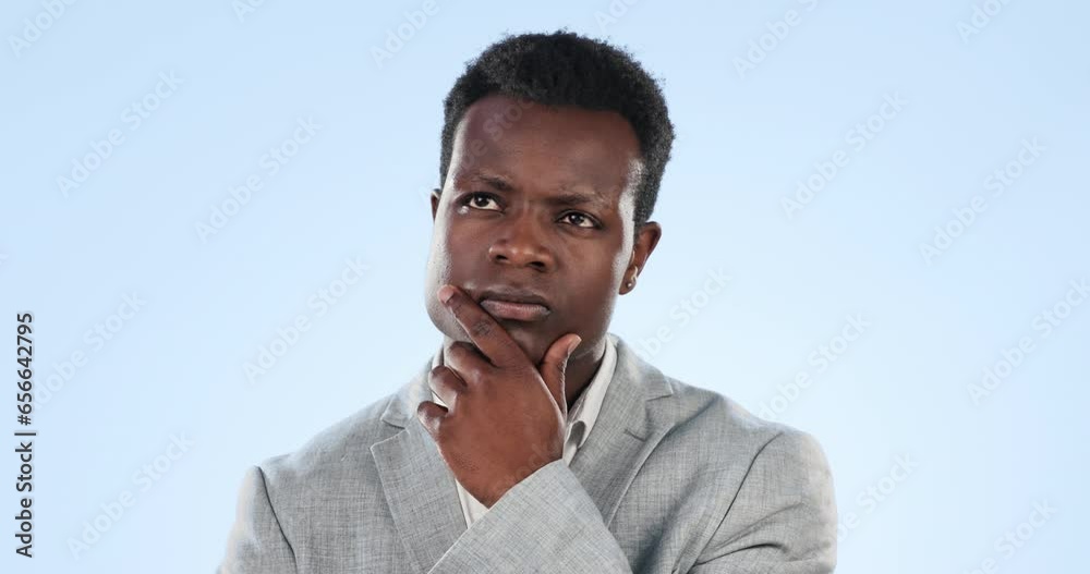 Thinking, idea and black man in studio with brainstorming, doubt or ...