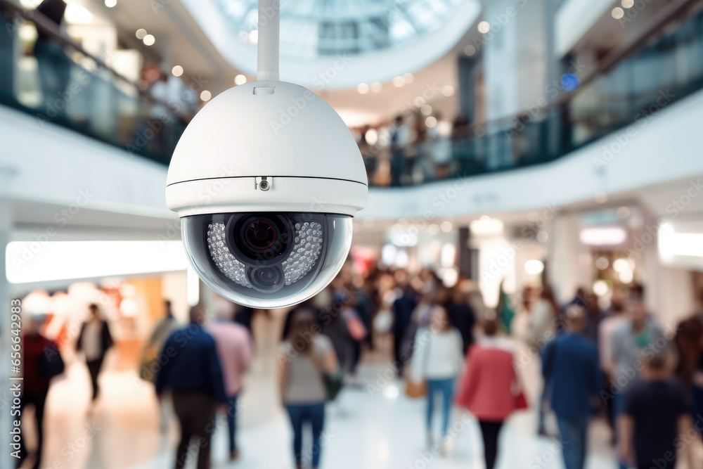 Spherical security camera monitoring at a shopping center with shops ...