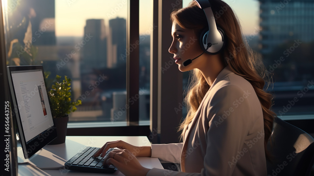 Telephone hotline, female employee with headset in callcenter gives ...