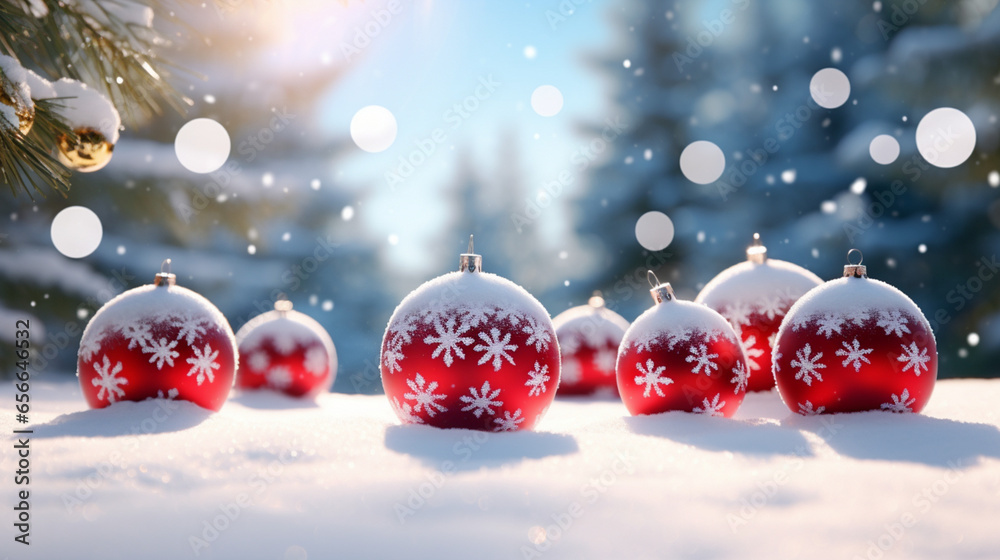 Boules de Noël rouges posées sur la neige. Paysage hivernal, neige ...
