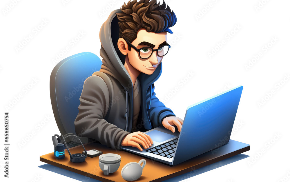 Coder Boy Character in Cartoon Style Isolated On Transparent Background ...