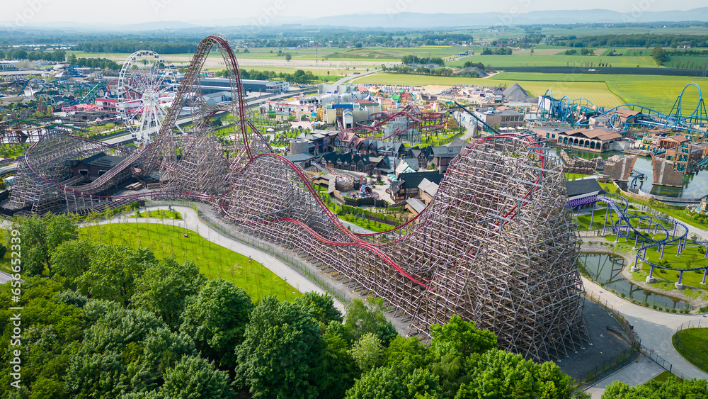 Zator, Poland - May 27, 2023: Huge roller coaster in Energylandia ...