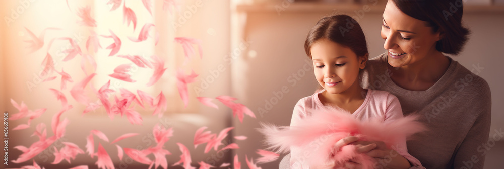 Mom and daughter with pink feathers, pink feathers fly in the air, the ...