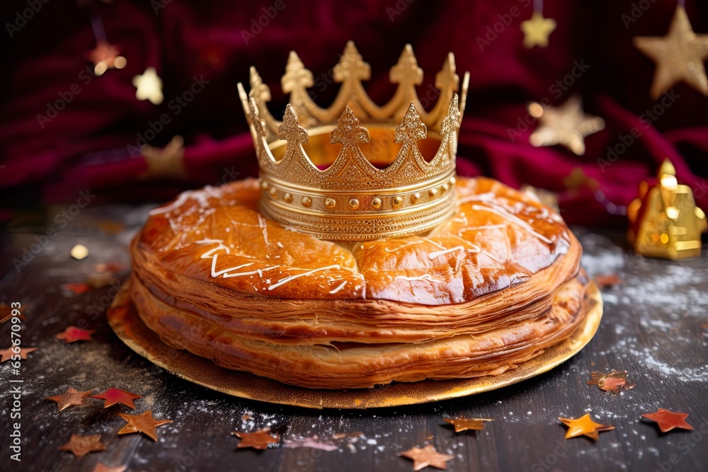 Galette des rois traditionnelle avec une couronne posée dessus, du ...