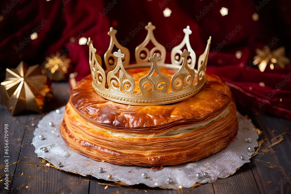 Galette des rois traditionnelle avec une couronne dorée posée dessus ...