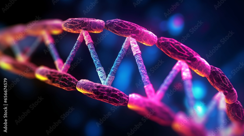 DNA structure in neon colors. Concept: Science of genomics and genetics ...