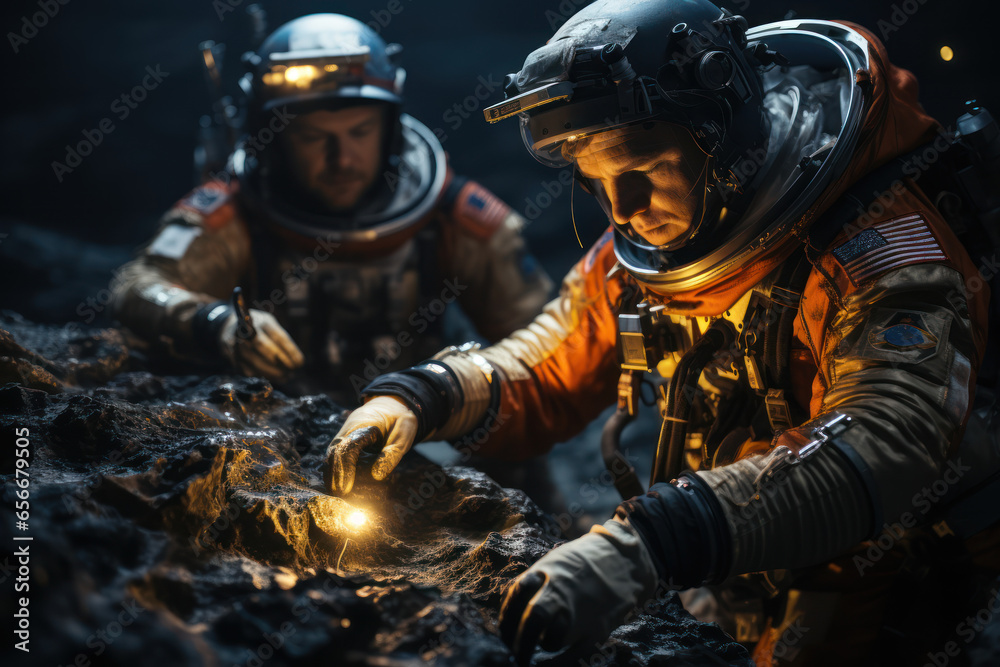 Astronauts conducting experiments in a lunar base, paving the way for ...