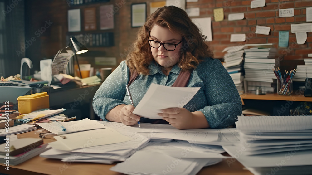big size business woman, fat girl note and check on financial paper at ...