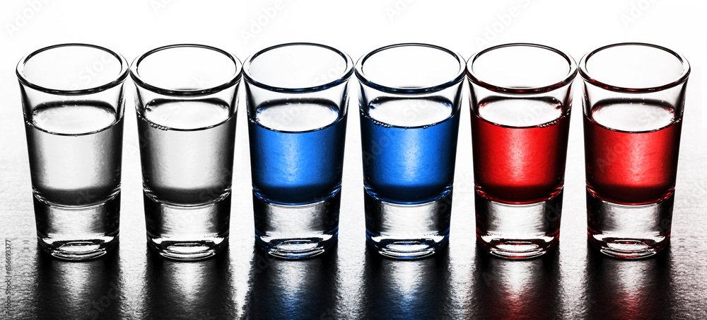Russian Flag vodka shots isolated on white. Vodka glass in a row ...