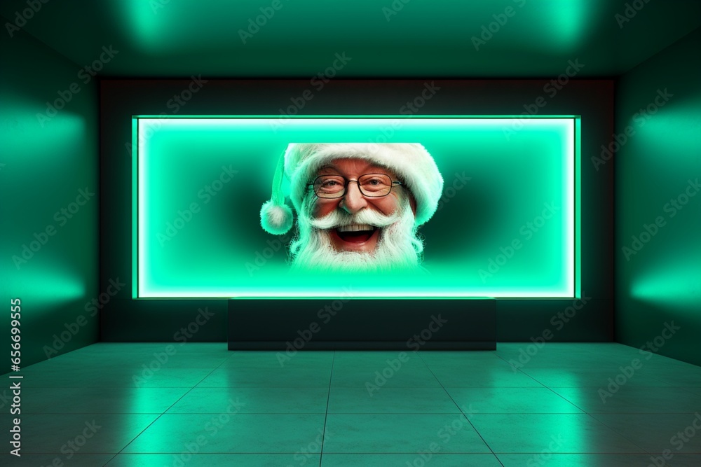 Smiling Santa Claus on a big green screen in a room with green walls ...
