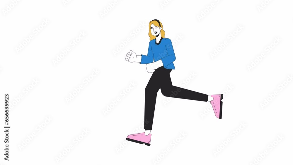 Excited caucasian woman running line 2D character animation. European ...