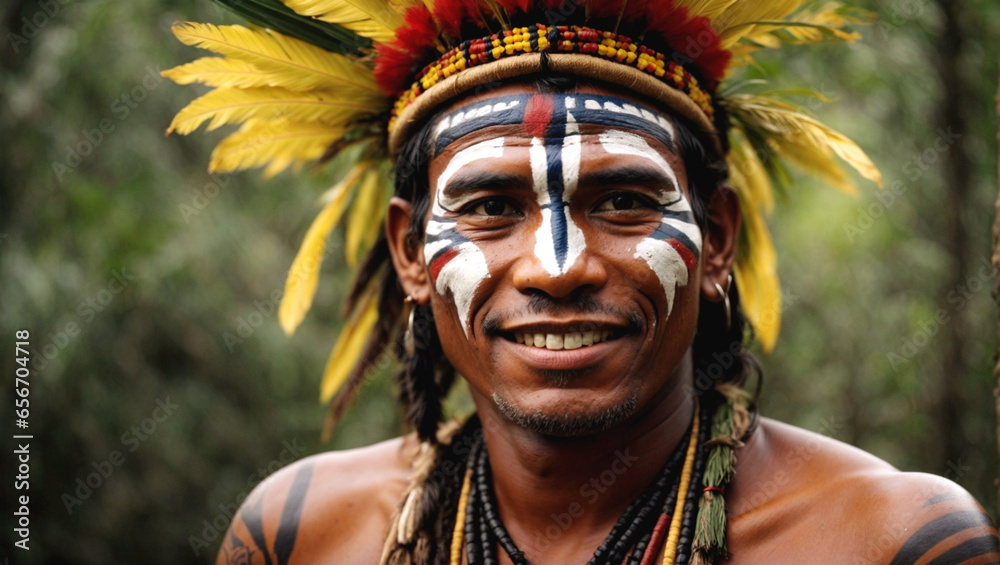 indigenous man with painted face, smiling in the jungle, Amazonian ...