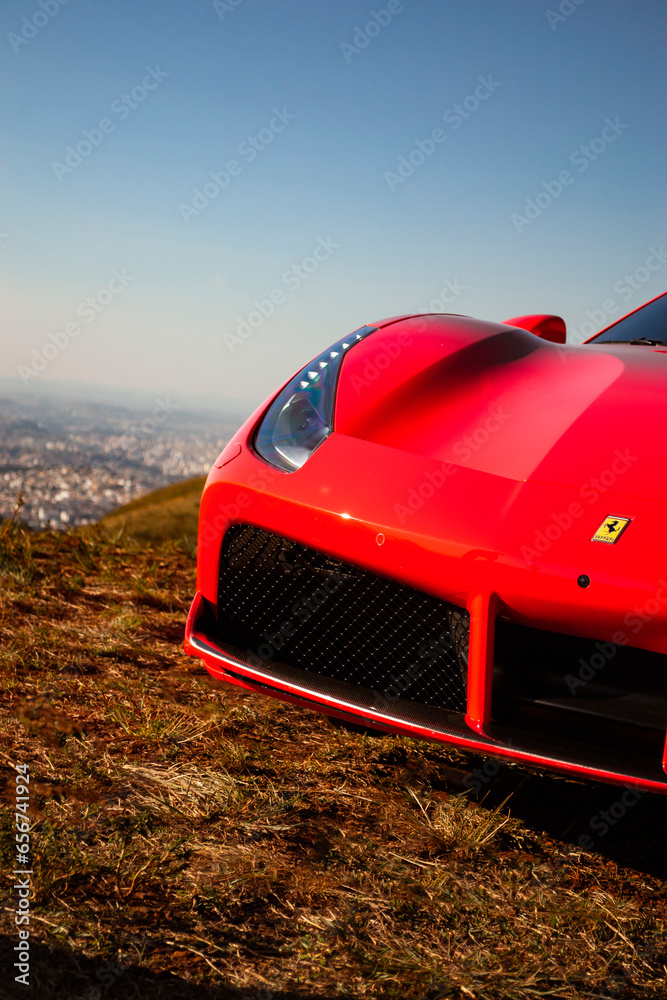 Rosso Red Ferrari 488 GTB front end angle view, headlight in focus ...