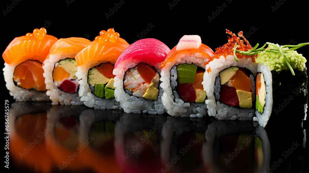 Maki rolls cut in half, displaying the colorful ingredients inside ...