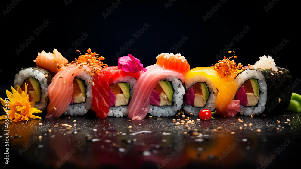 Maki rolls cut in half, displaying the colorful ingredients inside ...