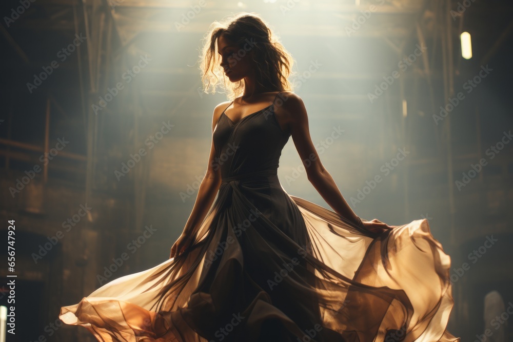 Dynamic shot of a woman dancing freely in an empty industrial space ...