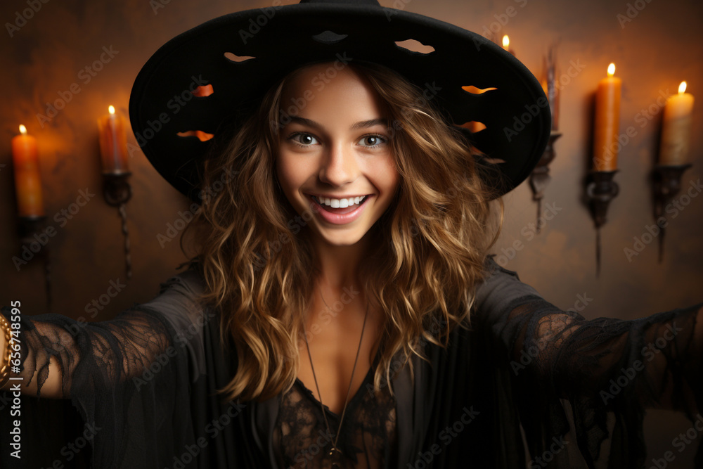 Witchy young female girl takes selfie with witch face paint makeup and ...