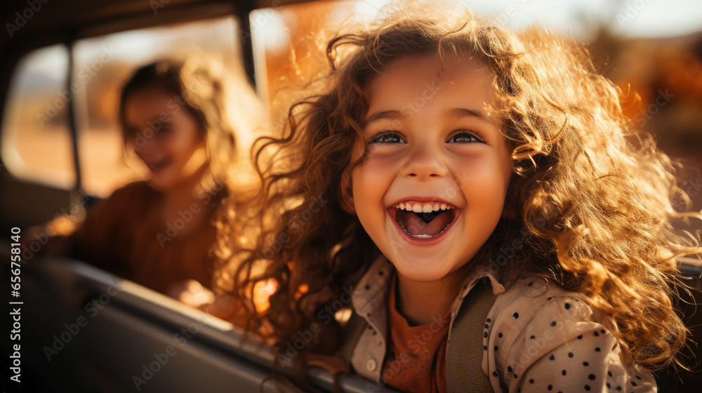 Generative AI, cheerful children, boy, girl riding in a jeep, safari ...