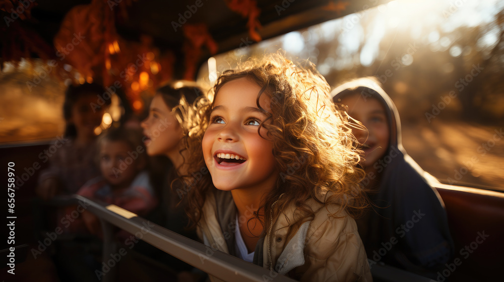 Generative AI, cheerful children, boy, girl riding in a jeep, safari ...