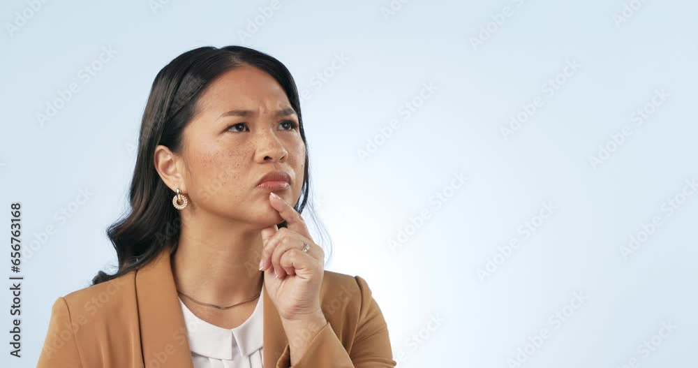 Thinking, ideas and young woman in studio with unsure, brainstorming or ...