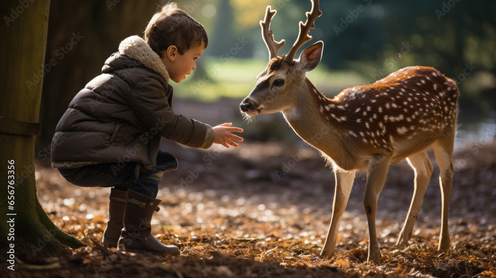 Generative AI, child, boy or girl petting and feeding a deer in a zoo ...